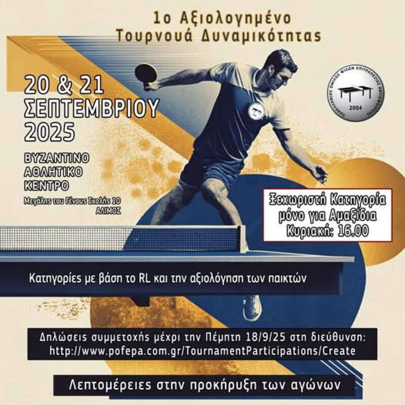 ΠΟΦΕΠΑ: 1ο Αξιολογημένο Τουρνουά 20-21/09/2025